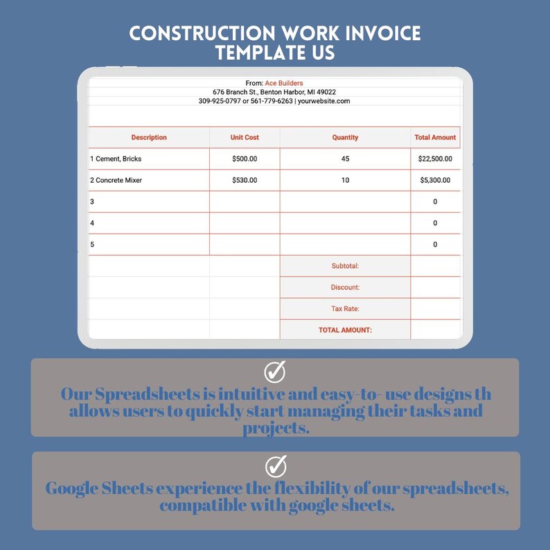Construction Work Invoice Template US, Editable Easy-to-use Google ...