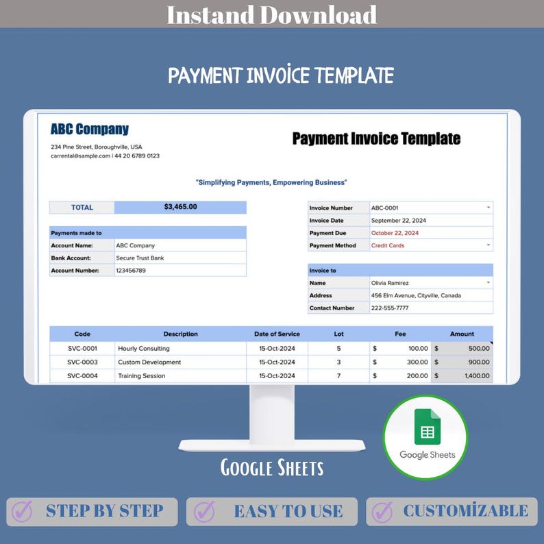 Payment Invoice Google Sheets Template, Editable Billing Statement ...