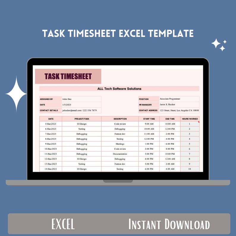Task Timesheet Excel Template, Track Work Hours, Monitor Task Durations ...
