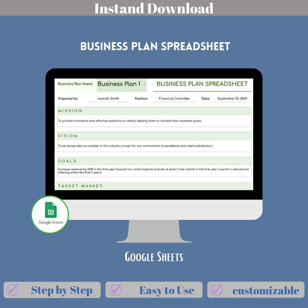 Business Plan Spreadsheet Template, Digital Download,editable Excel or ...