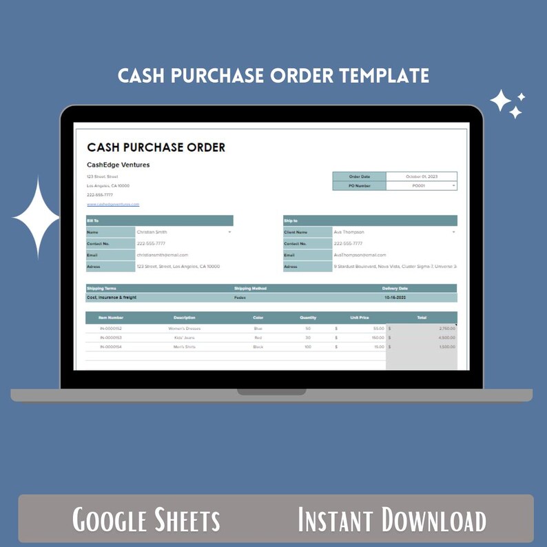 Cash Purchase Order Template,business Finance, Expense Tracker, Order ...