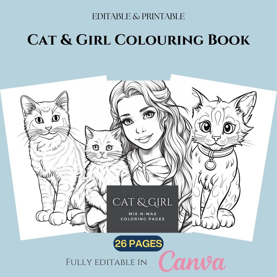 Cat & Girl Colouring Book Canva Template, Cute Drawing Pages, Kids ...