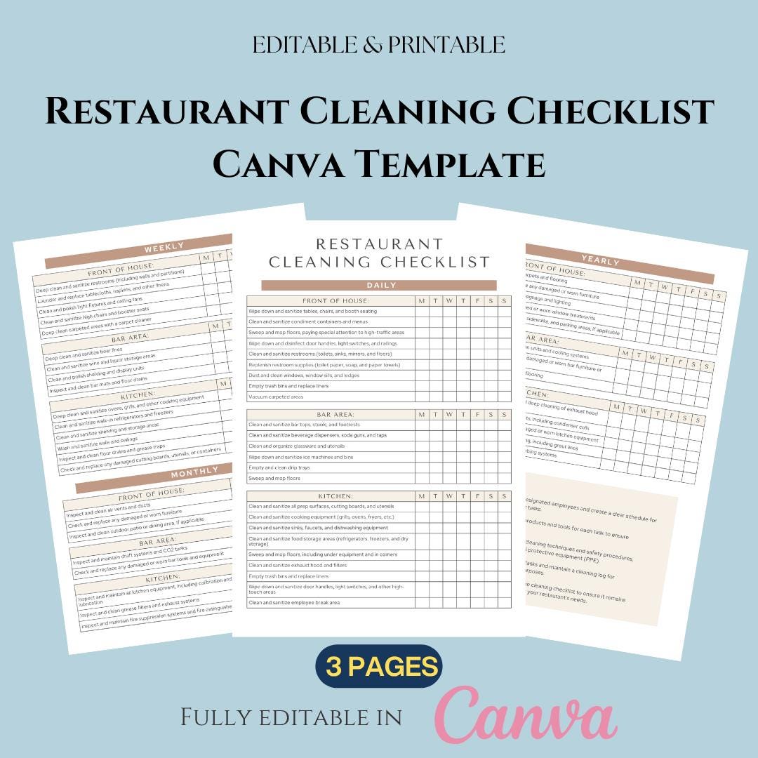 Restaurant Cleaning Checklist Canva Template, Editable Kitchen Cleaning ...