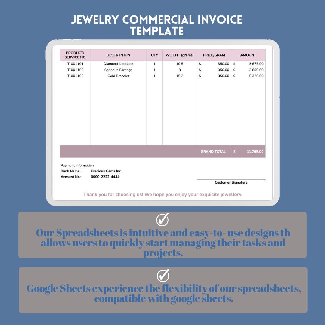 Jewelry Commercial Invoice Template, Editable Digital Download, Google ...
