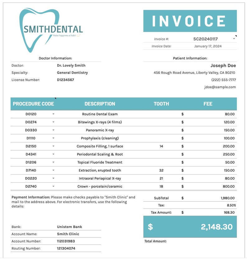 Dental Services Invoice Template Google Sheets, Editable Patient ...