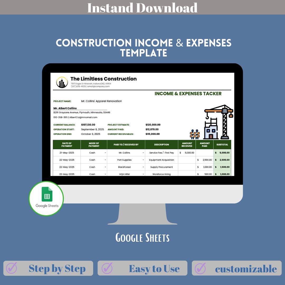 Construction Income & Expenses Template,editable, Excel Spreadsheet ...