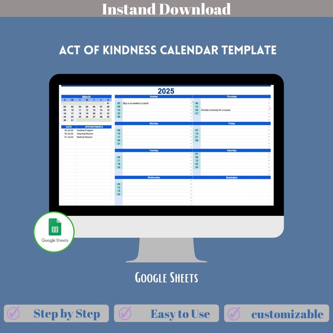 Act of Kindness Calendar Template, Daily Kindness Planner, Monthly Good ...