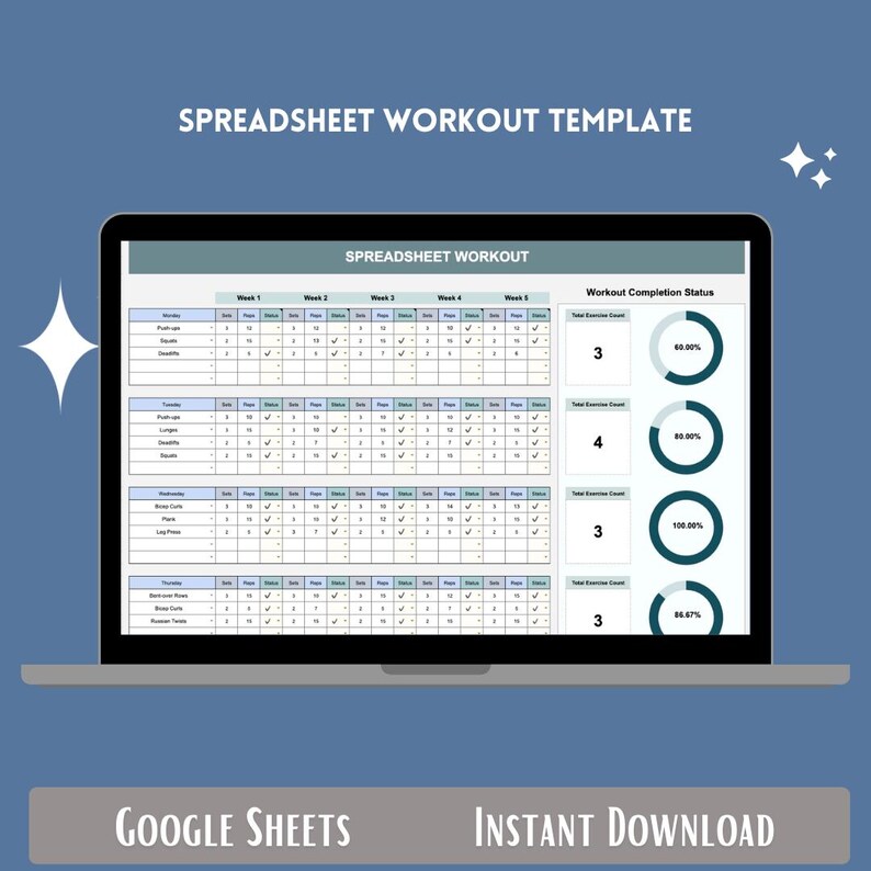 Spreadsheet Workout Template Google Sheets, Editable Fitness Planner Log, Daily Exercise Tracker ...