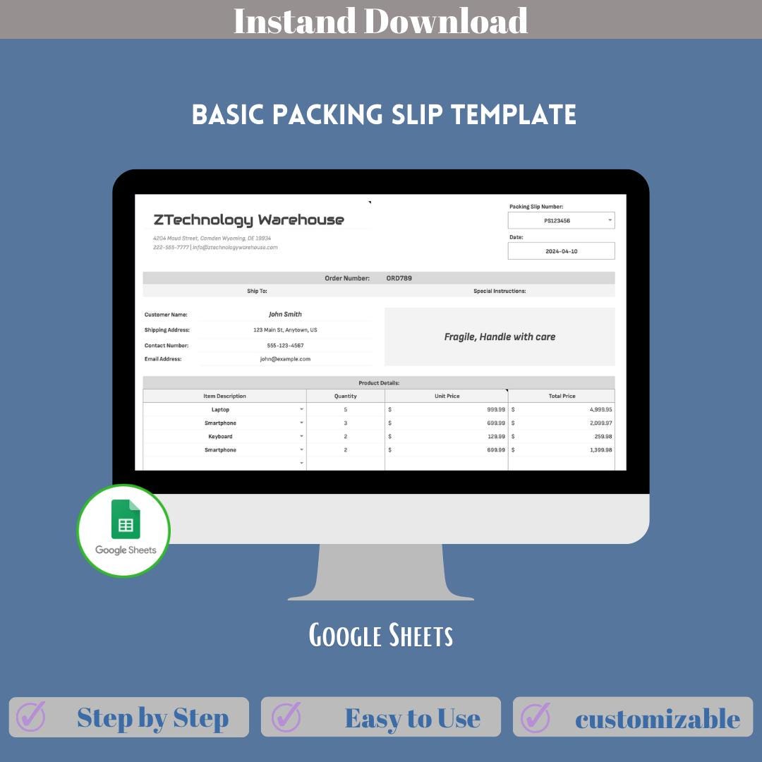 Basic Packing Slip Template, Digital Download, Editable Excel or Google ...
