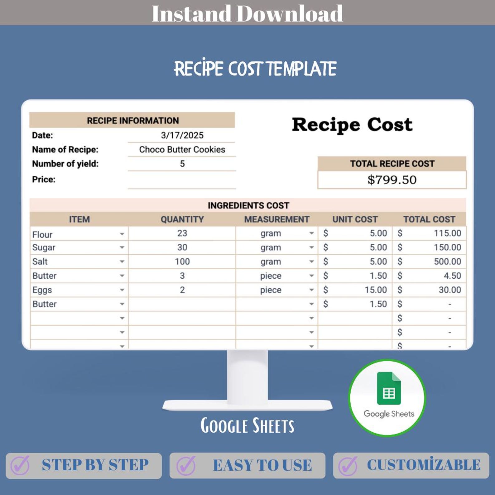 Recipe Cost Google Sheets Template With Ingredient Pricing, Portion ...