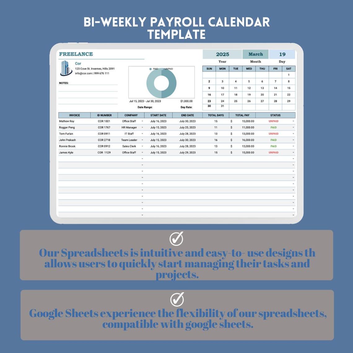 Bi-weekly Payroll Calendar for Small Business, Google Sheets Template ...