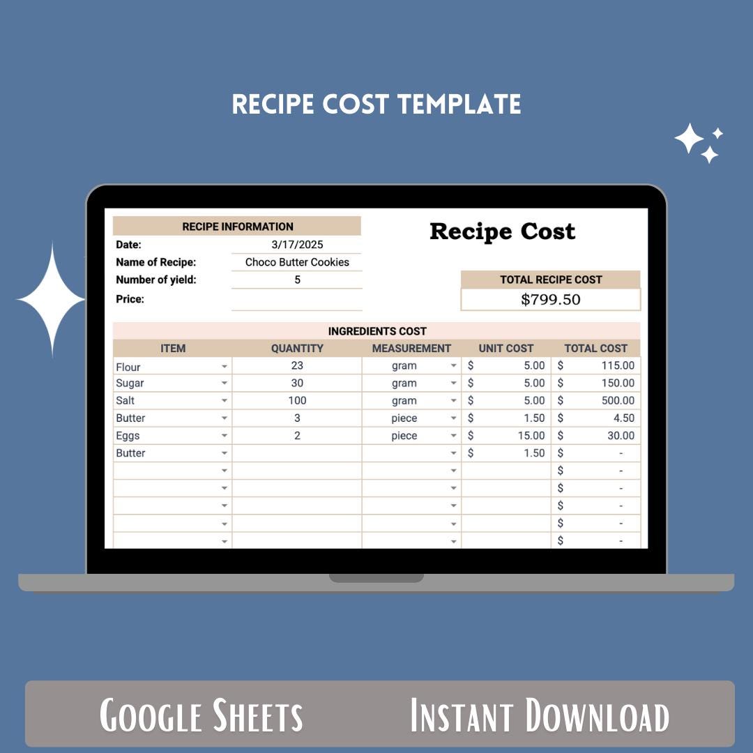 Recipe Cost Google Sheets Template With Ingredient Pricing, Portion ...