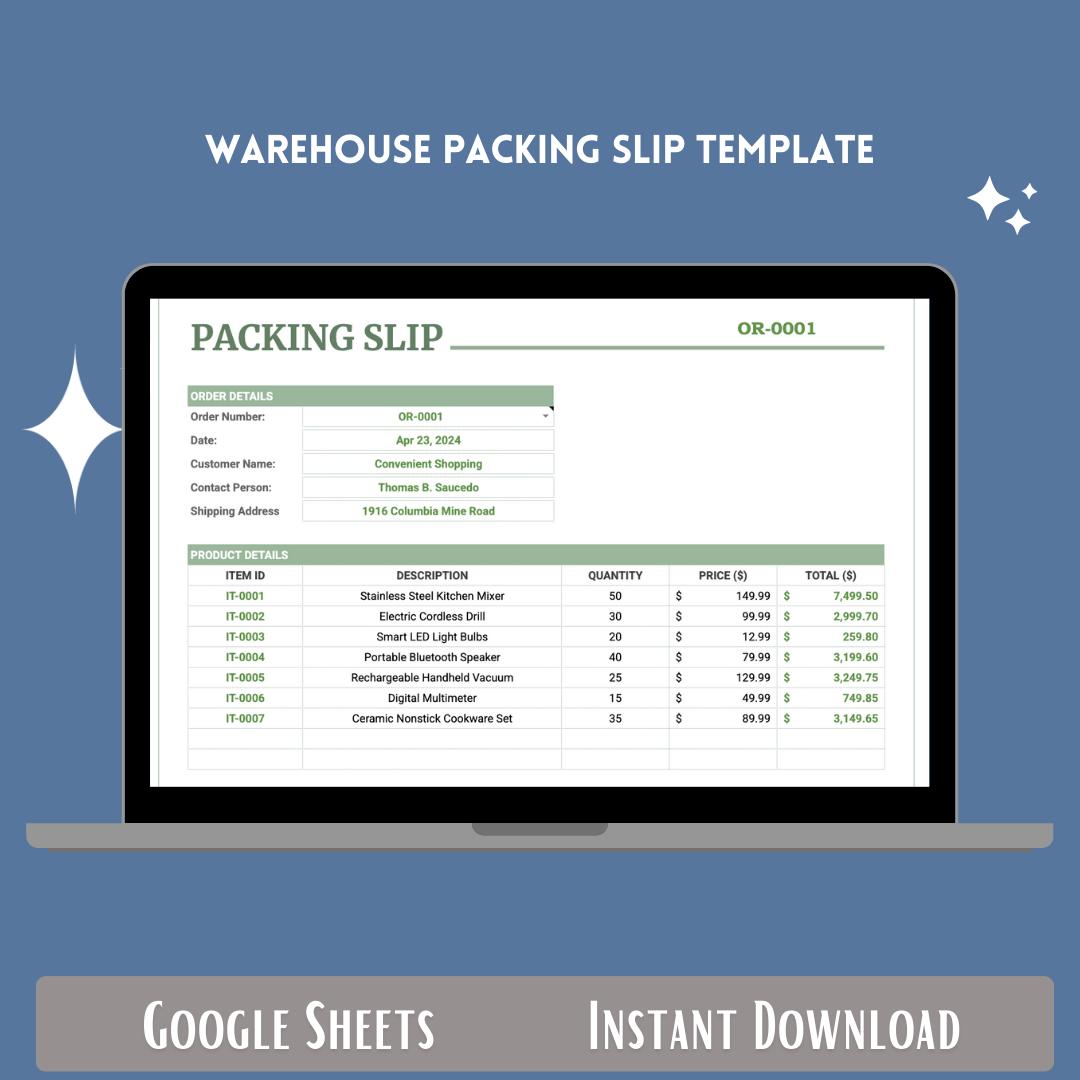 Warehouse Packing Slip Template, Digital Download, Editable Excel or ...