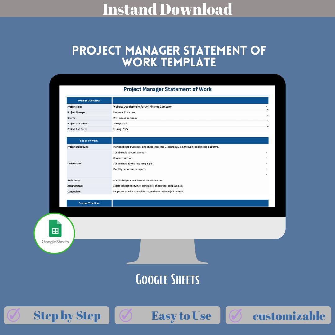 Project Manager Statement of Work Template, Digital Download,editable ...
