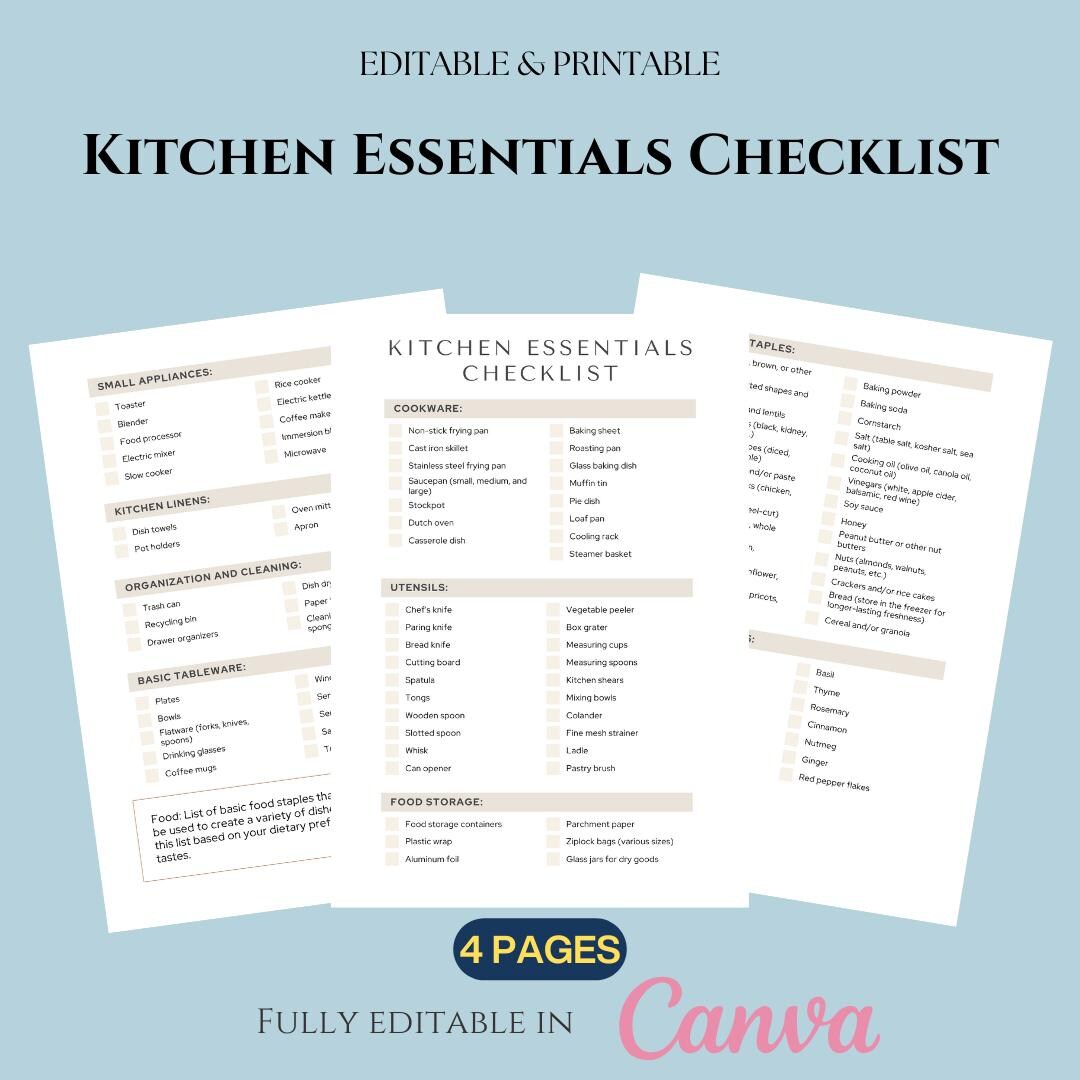 Kitchen Essentials Checklist Canva Template, Home Cooking Supply List ...