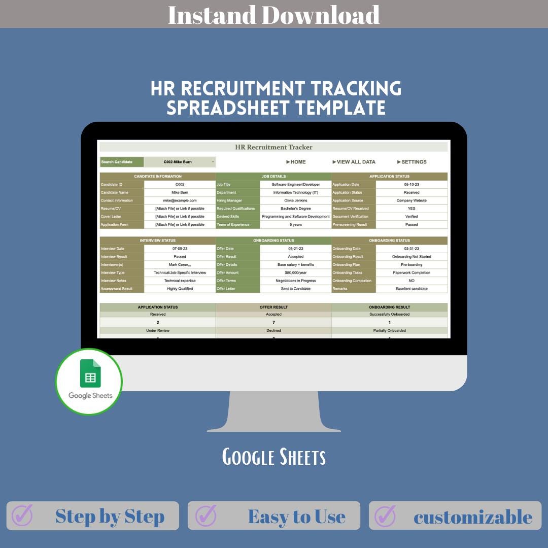 HR Recruitment Tracking Spreadsheet Template, Digital Download ...
