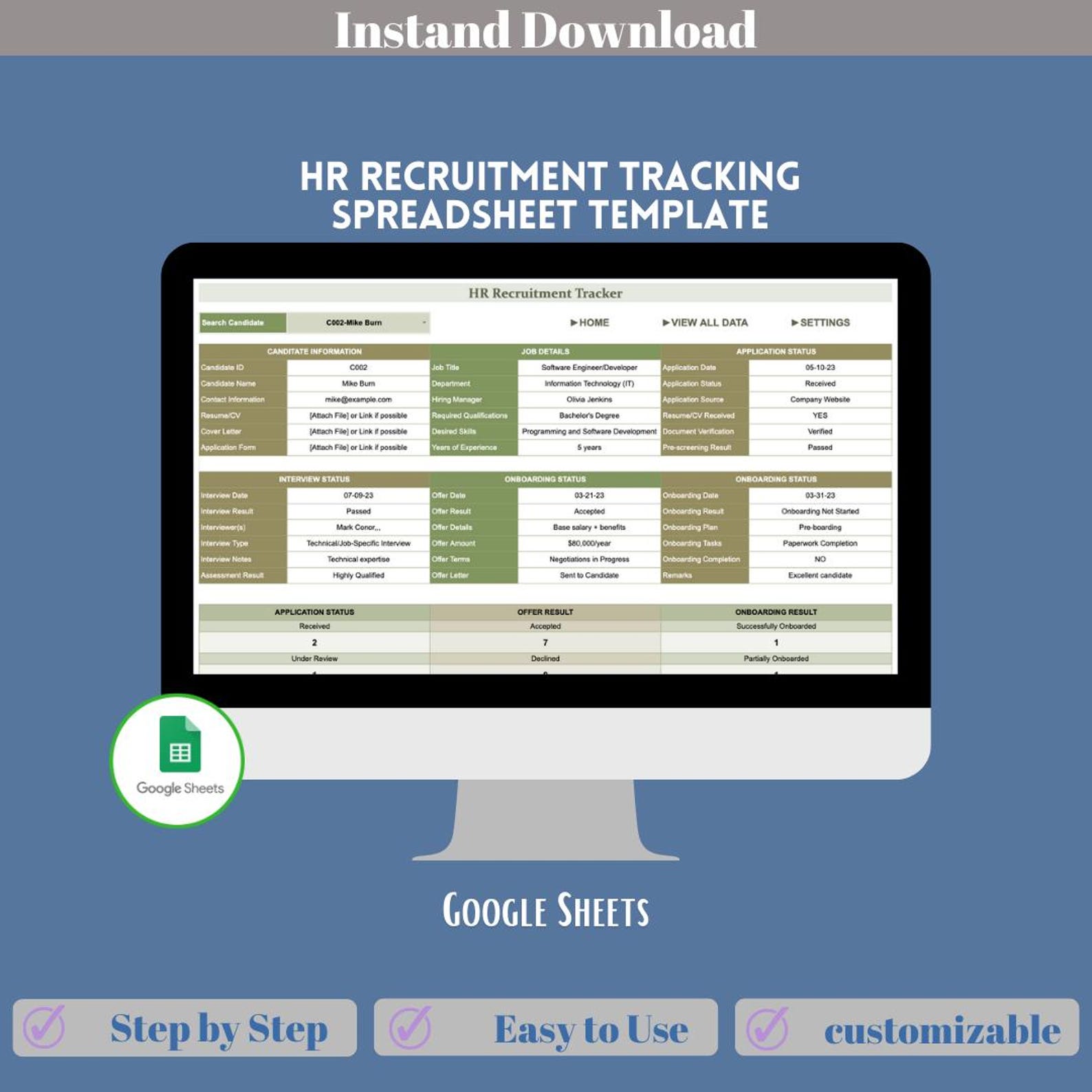 HR Recruitment Tracking Spreadsheet Template, Digital Download ...