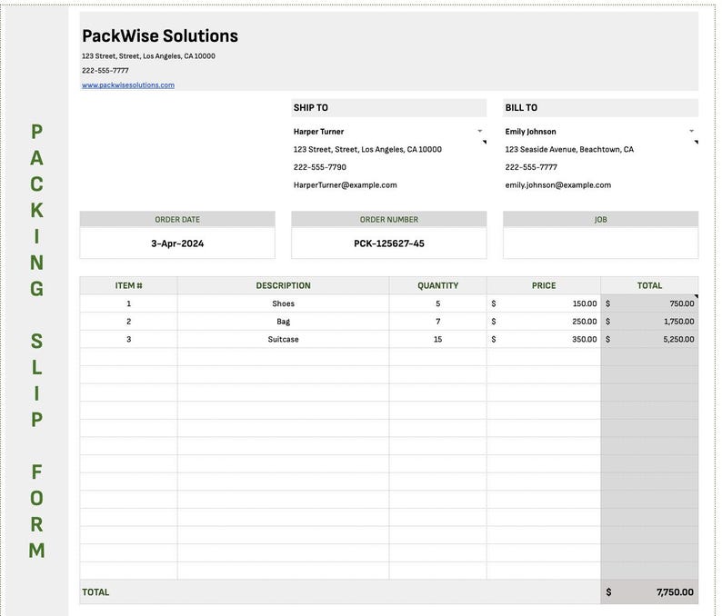 Packing Slip Form Template, Printable Shipping Document, Google Sheets ...