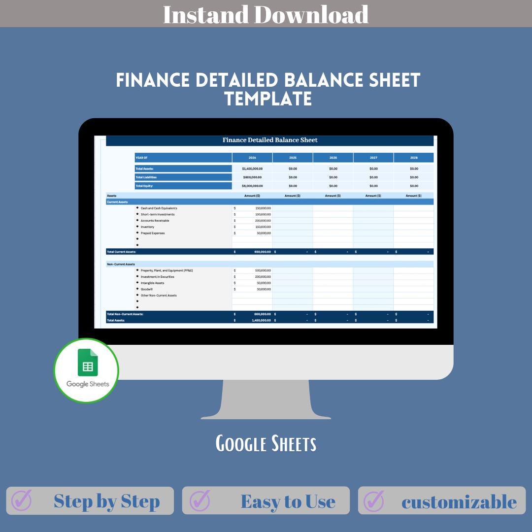 Finance Detailed Balance Sheet Template, Digital Download, Editable ...