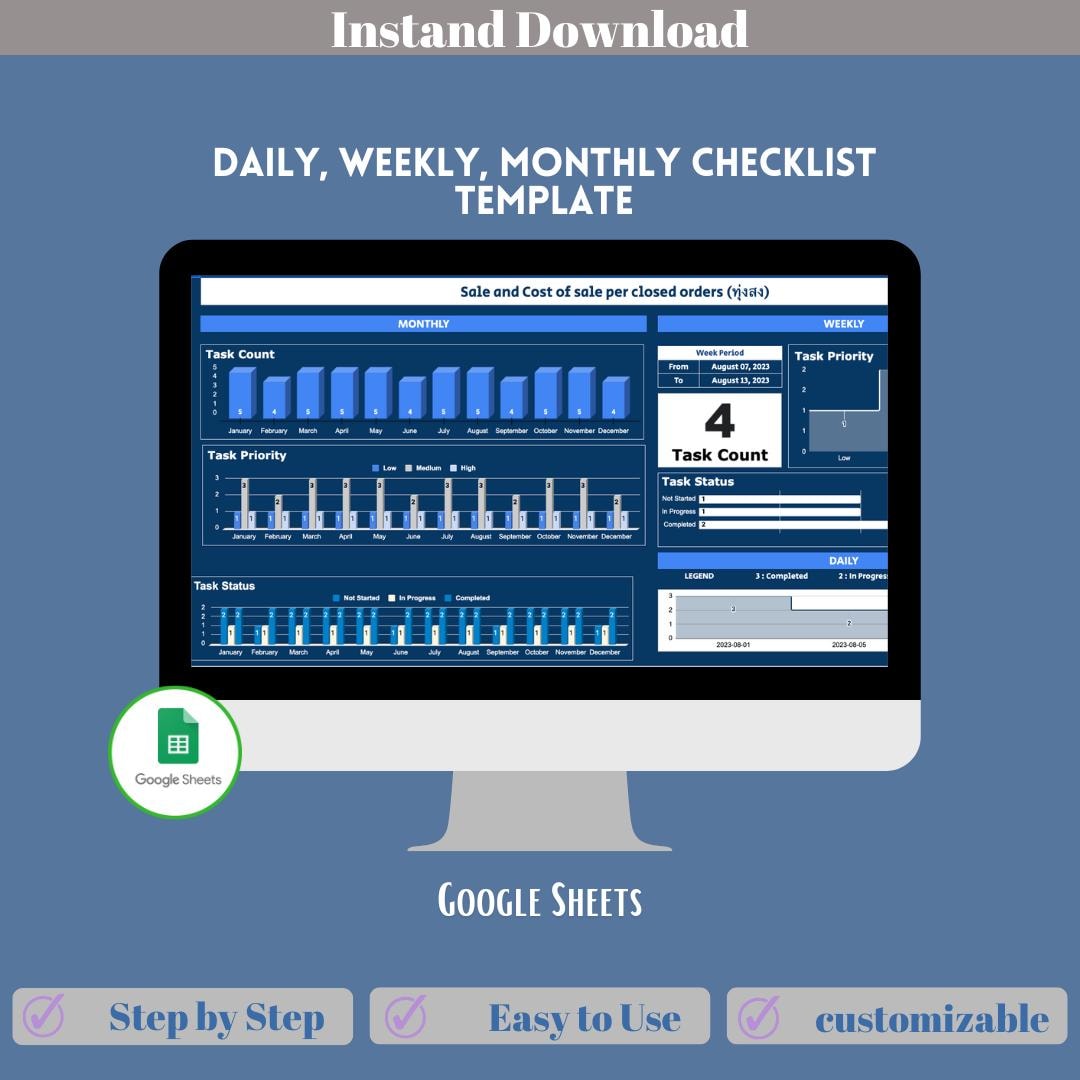 Daily, Weekly, Monthly Checklist Template, Digital Download, Editable ...