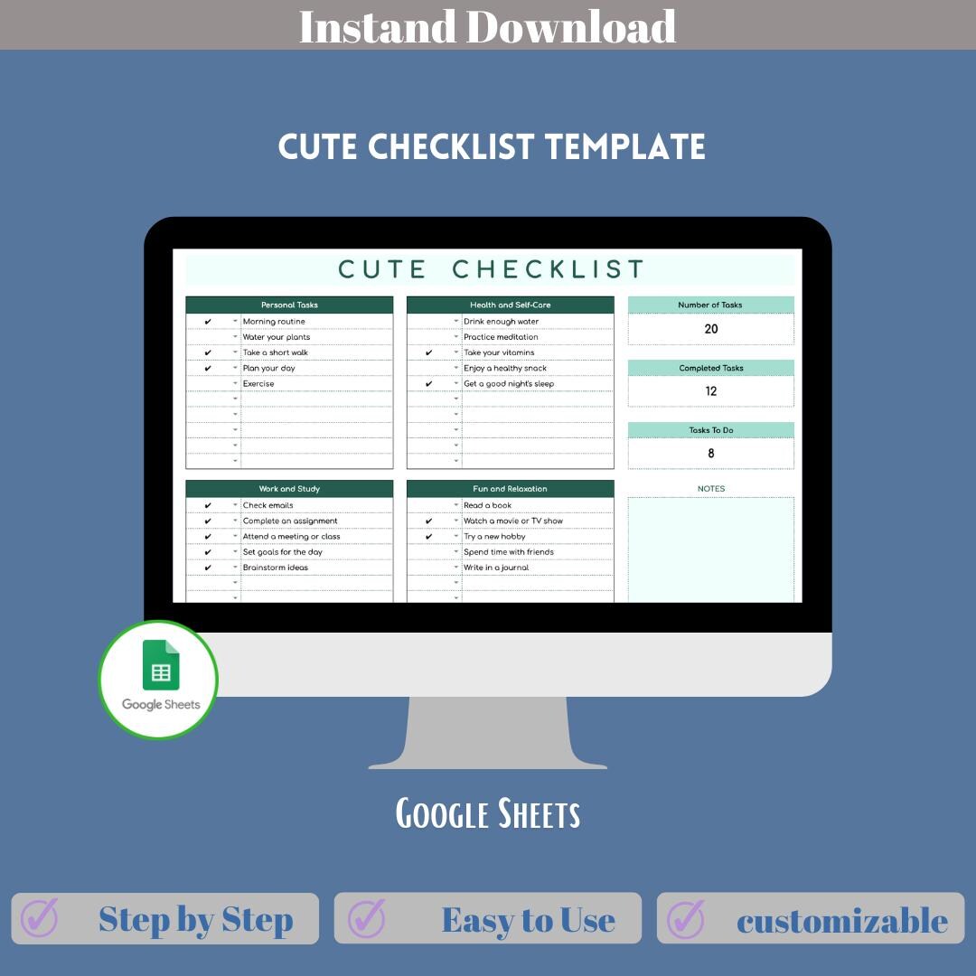 Cute Checklist Template, Digital Download, Editable Excel or Google ...