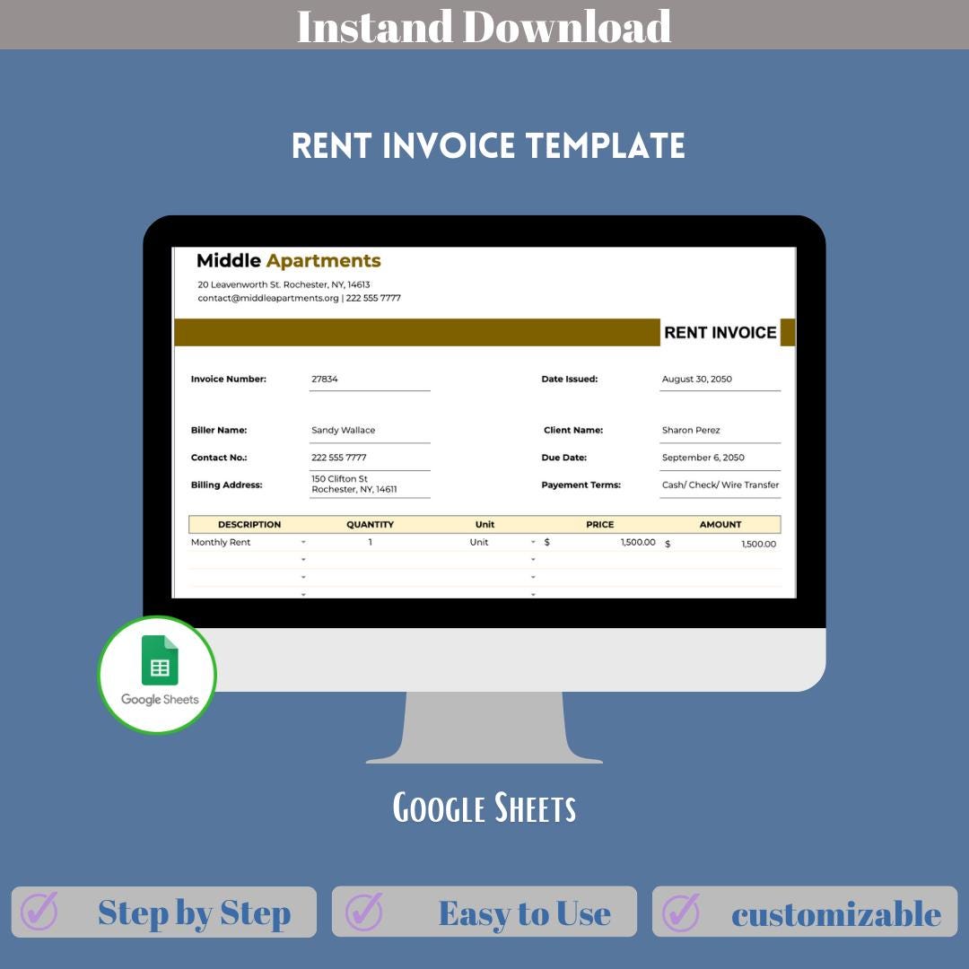 Rent Invoice Template, Editable Digital Download, Google Sheets, Rental ...