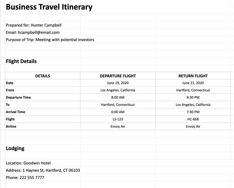 Sample Business Travel Itinerary Template, Google Sheets Sample Planner ...