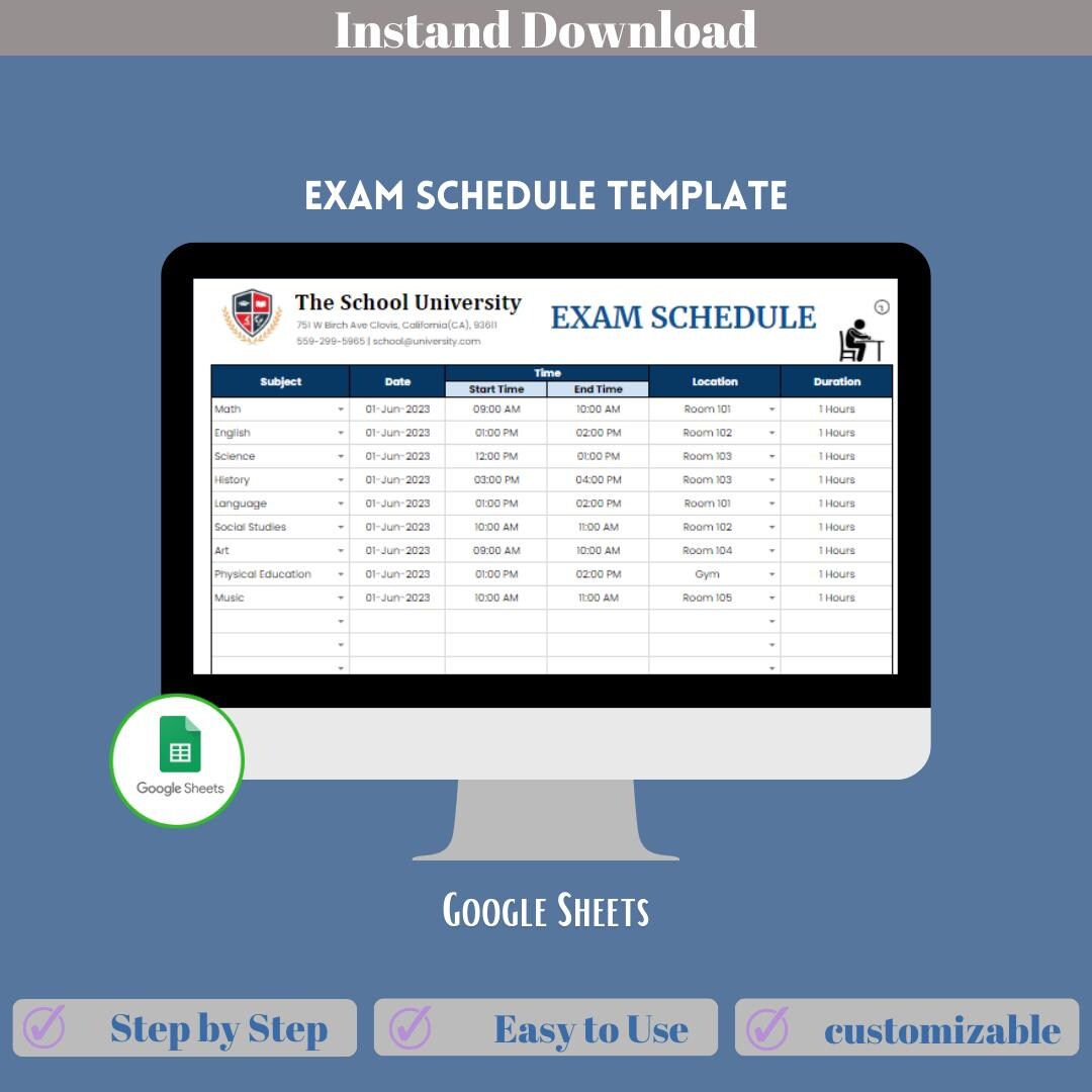 Exam Schedule Template, Google Sheets, Study Planner, Test Timetable ...
