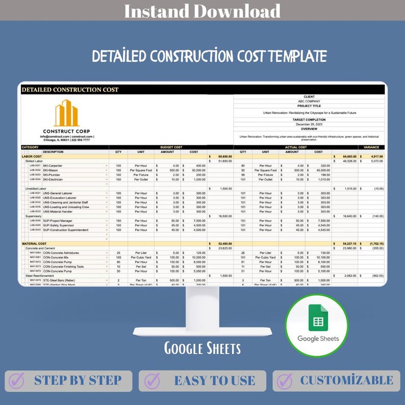 Detailed Construction Cost Template, Editable Budget Planner, Building Expense Tracker, Project ...