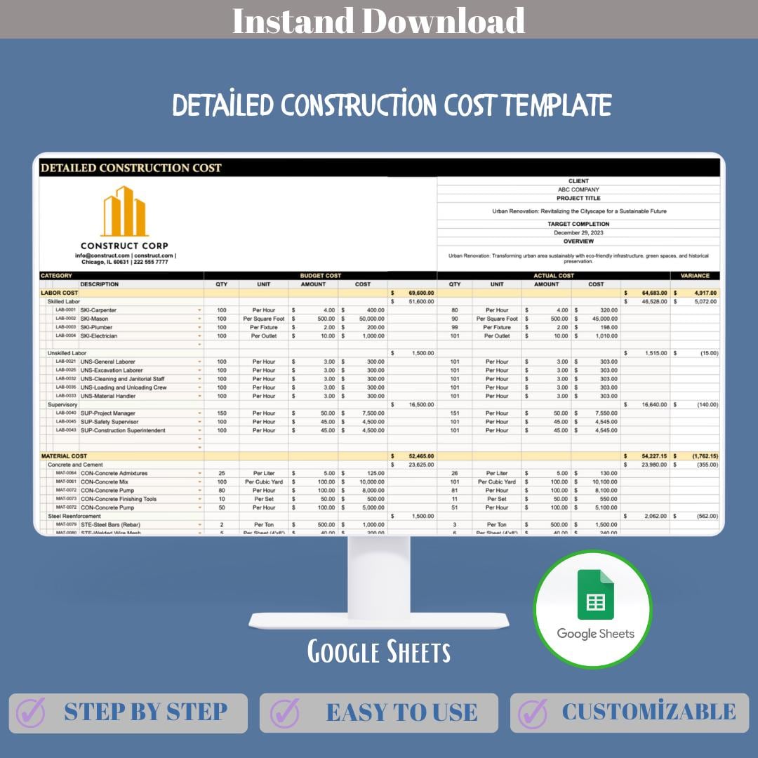 Detailed Construction Cost Template, Editable Budget Planner, Building ...
