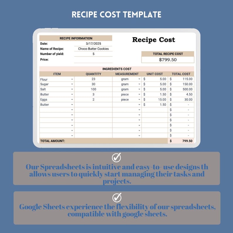 Recipe Cost Google Sheets Template With Ingredient Pricing, Portion ...