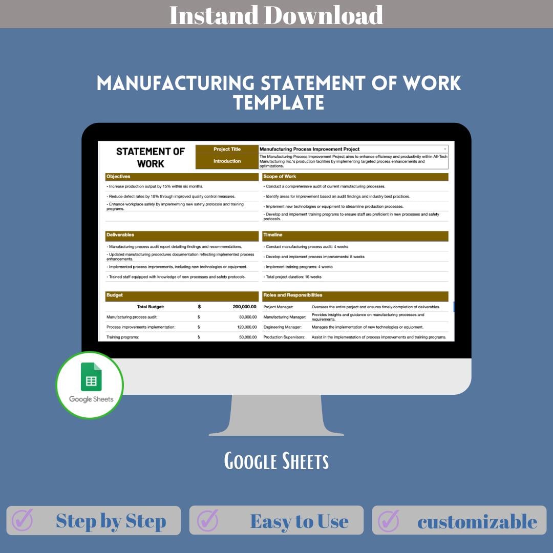 Manufacturing Statement of Work Template, Digital Download, Editable ...