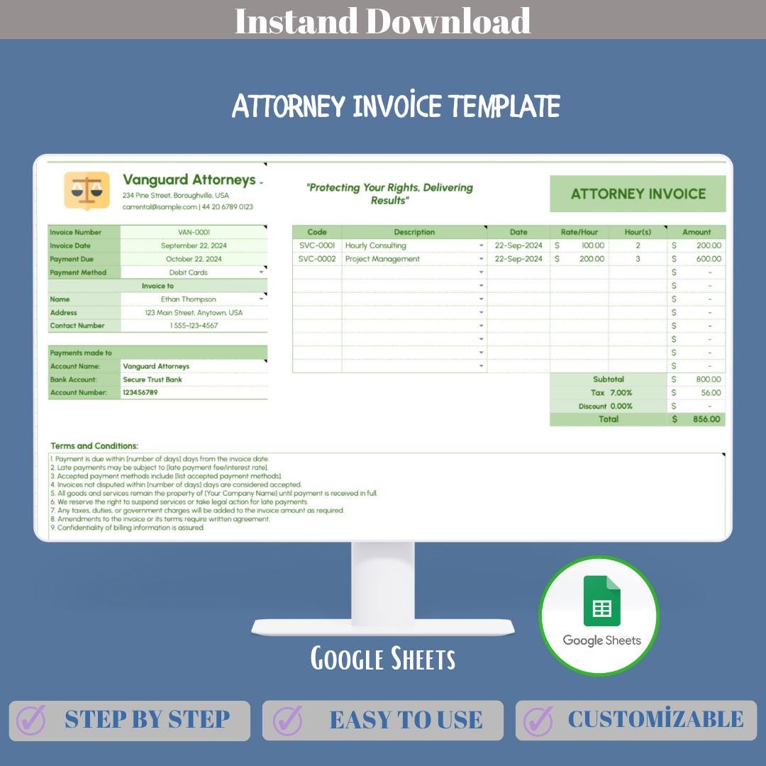 Attorney Invoice Template, Google Sheets Format With Sections for Legal ...
