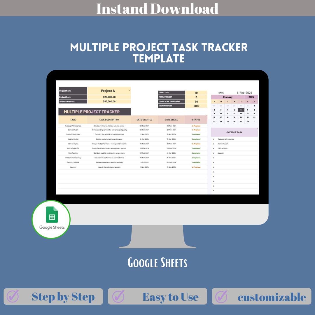 Multiple Project Task Tracker Template, Digital Download, Editable ...