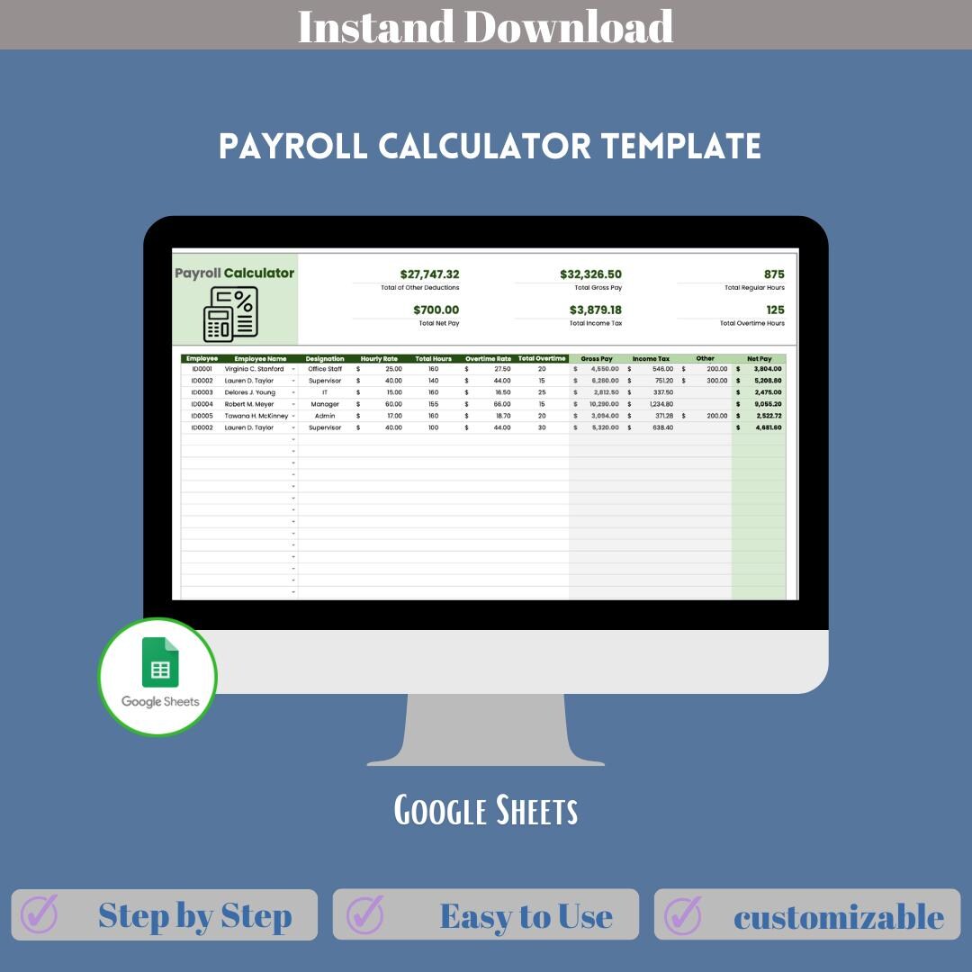 Payroll Calculator Template, Editable,employee Salary Tracker,wage ...