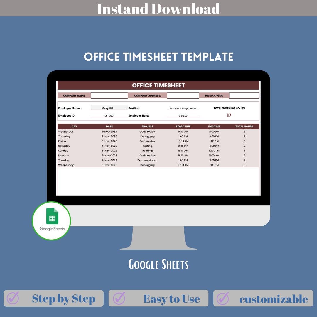 Office Timesheet Template, Digital Download, Editable Google Sheets ...