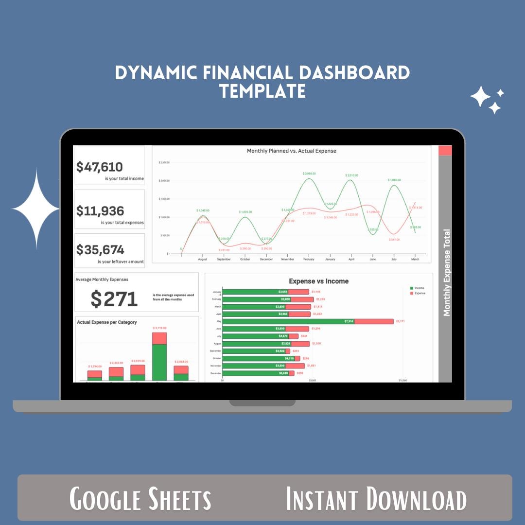 Dynamic Financial Dashboard Template, Digital Download, Editable Excel or Google Sheets, Track ...