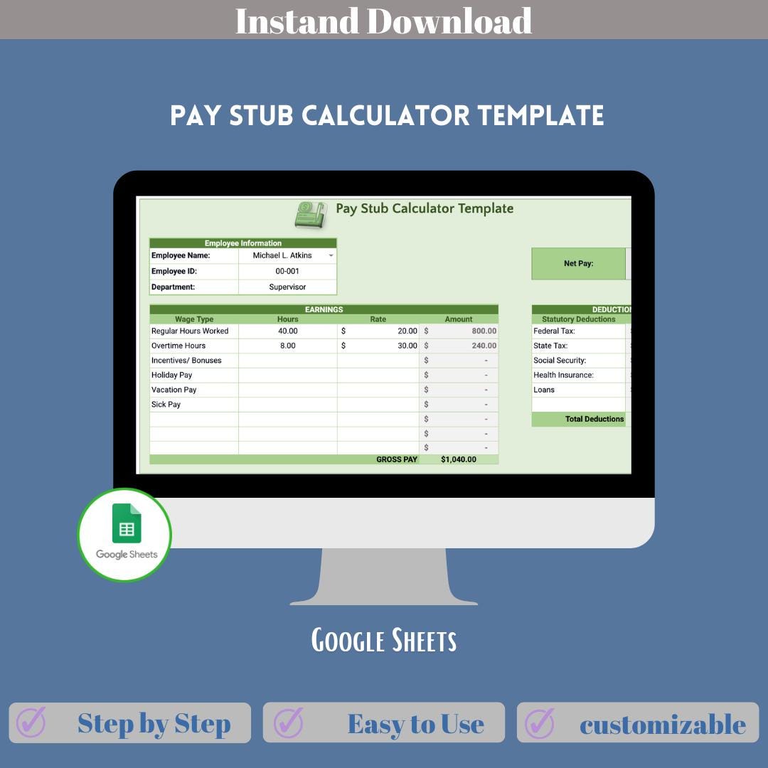 Pay Stub Calculator Template, Editable, Employee Salary Tracker, Income ...