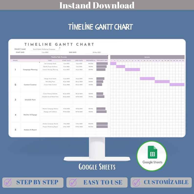 Timeline Gantt Chart Template Google Sheets, Editable Project Schedule ...