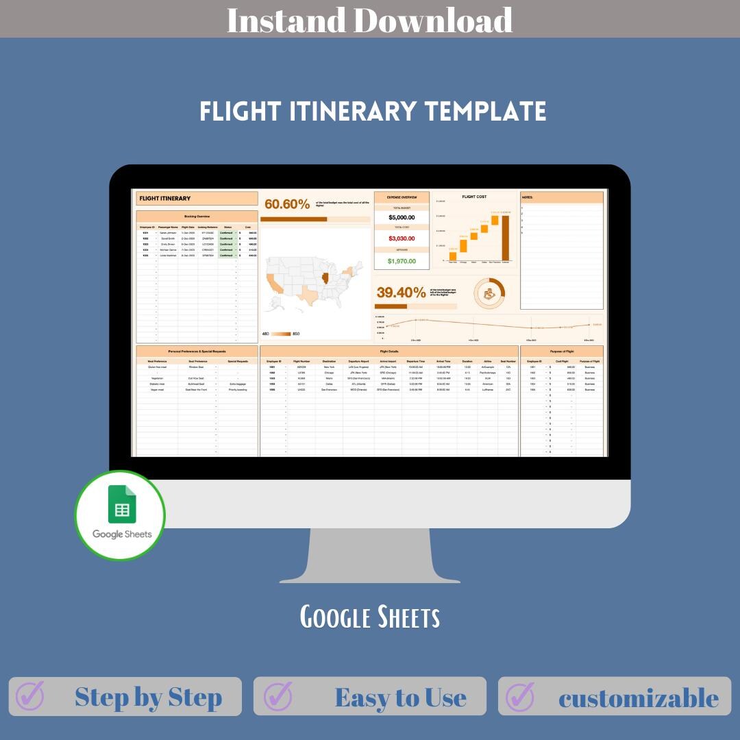 Flight Itinerary Template, Travel Planner, Editable, Google Sheets ...