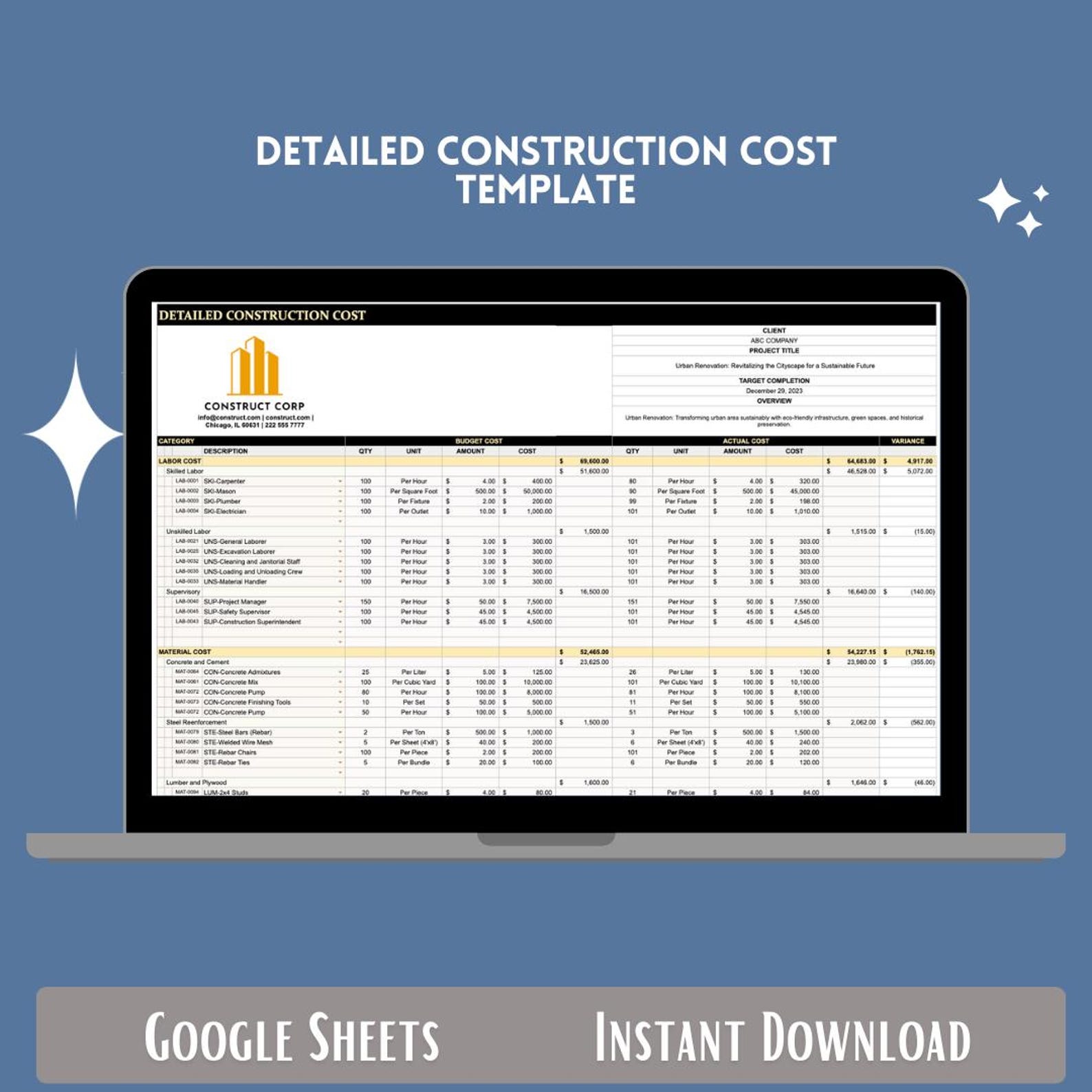 Detailed Construction Cost Tracker Google Sheets Construction Budget ...