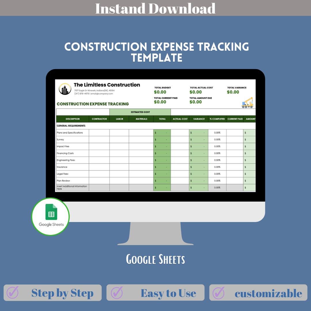 Construction Expense Tracking Template, Editable, Excel Spreadsheet ...