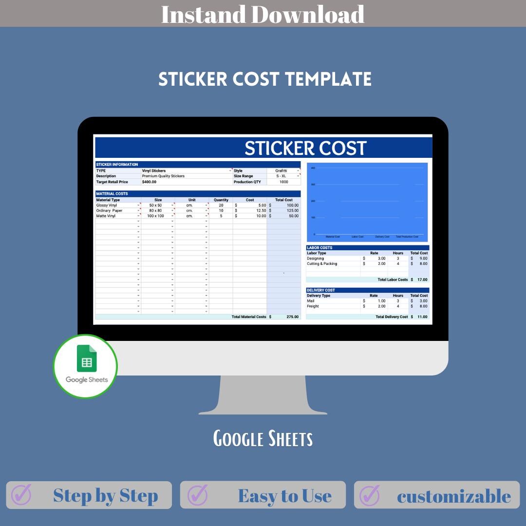 Sticker Cost Template, Pricing Calculator, Expense Tracker, Budget ...