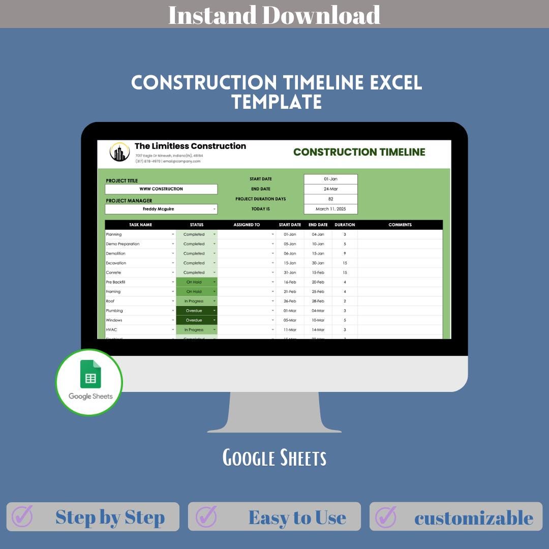 Construction Timeline Excel Template, Digital Download,project Schedule ...