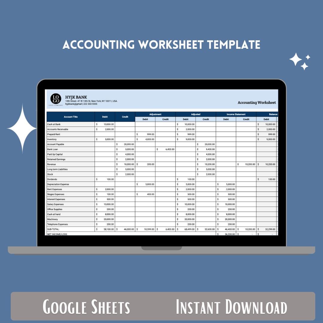 Accounting Worksheet Template in Google Sheets for Adjustments, Trial ...