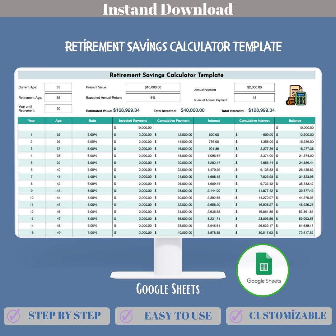 Retirement Savings Calculator Template Google Sheets,plan Contributions ...