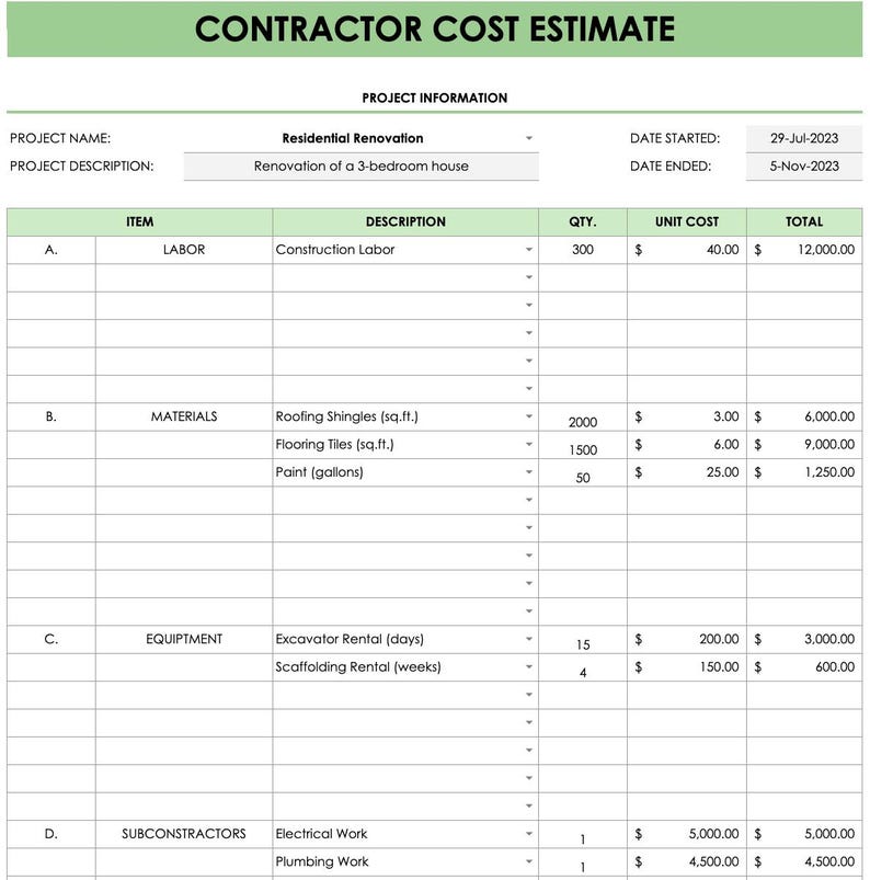 Contractor Cost Estimate Template Google Sheets,editable Construction ...