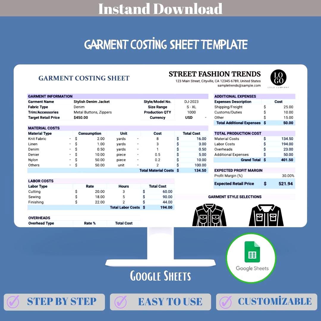 Garment Costing Sheet for Small Business, Google Sheets Template to ...