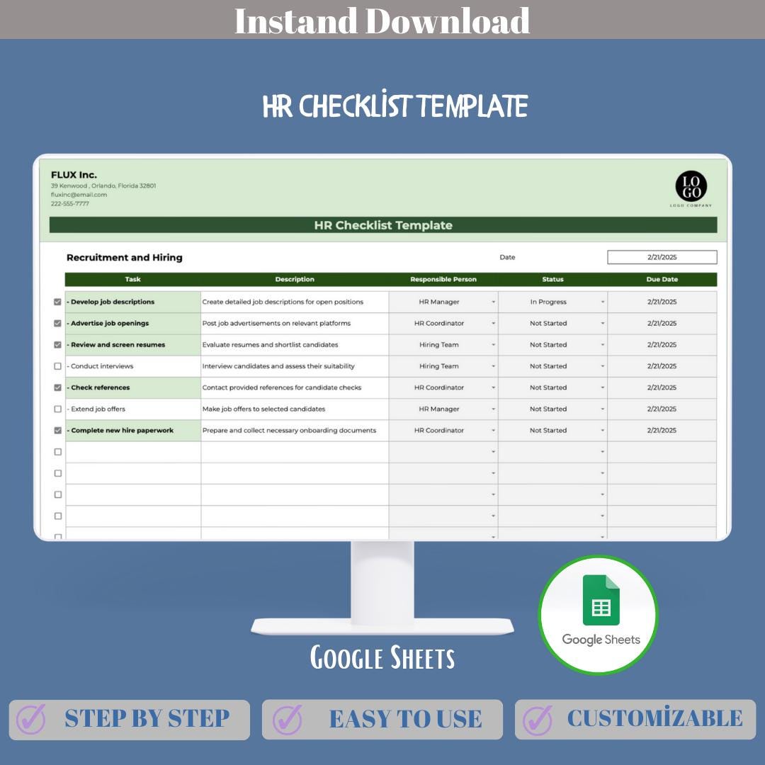 HR Checklist Google Sheets Template, Employee Onboarding Offboarding Task List, Editable HR ...