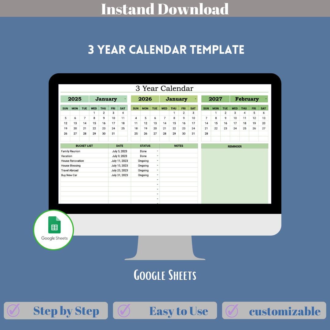 3 Year Calendar Template, Long-term Planner, Schedule Organizer, Event ...